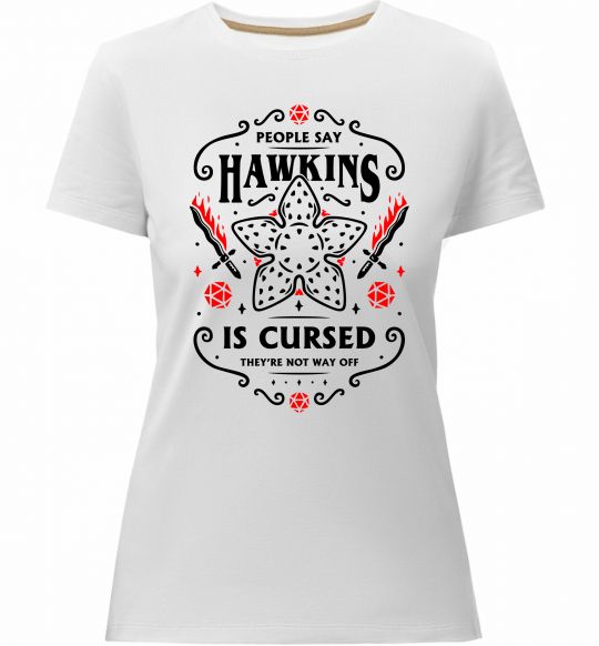 Жіноча преміум футболка Hawkins is cursed Stranger things - купити в ...